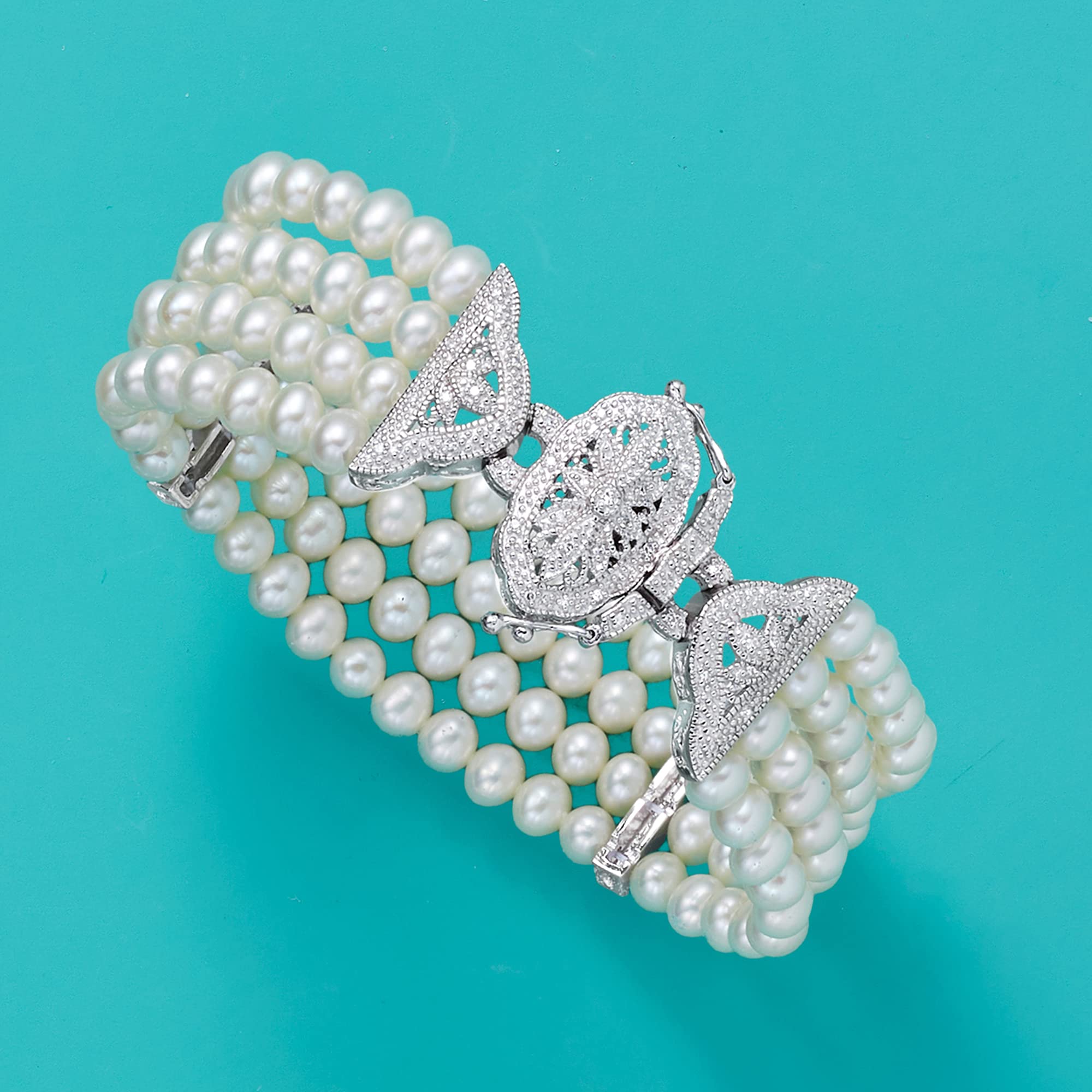 Ross-Simons 4.5-5mm Cultured Pearl and .15 ct. t.w. Diamond Multi-Strand Bracelet in Sterling Silver. 7 inches