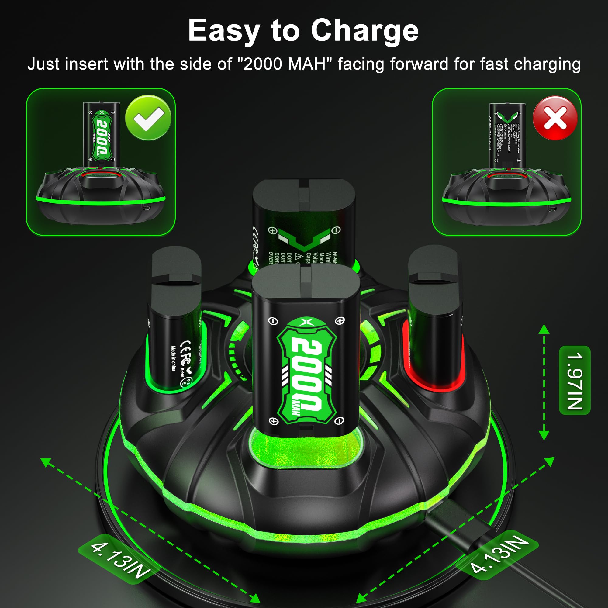 Rechargeable Battery Pack for Xbox Controller, （4x4800mWh)4x2000mAh Rechargeable Batteries for Xbox Controller Charger Station for Xbox One/Xbox Series X|S/Xbox One S|X/Xbox One Elite Controllers