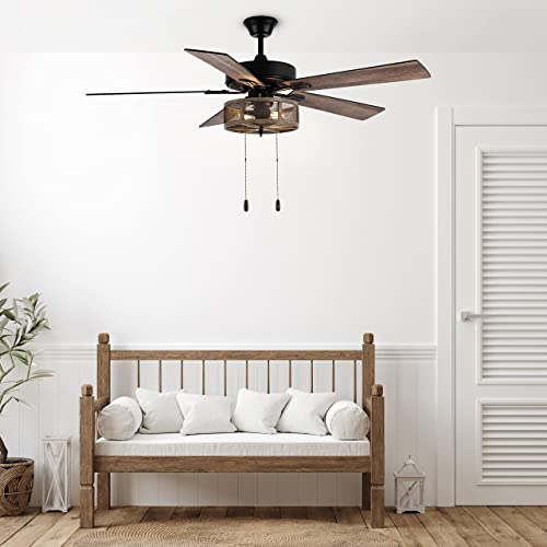 RIVER OF GOODS 52 Inch LED Modern Farmhouse Ceiling Fan with Light - Rustic Ceiling Fans with Lights - Elegant Industrial Fan with Mesh Metal Caged Shade - Brown