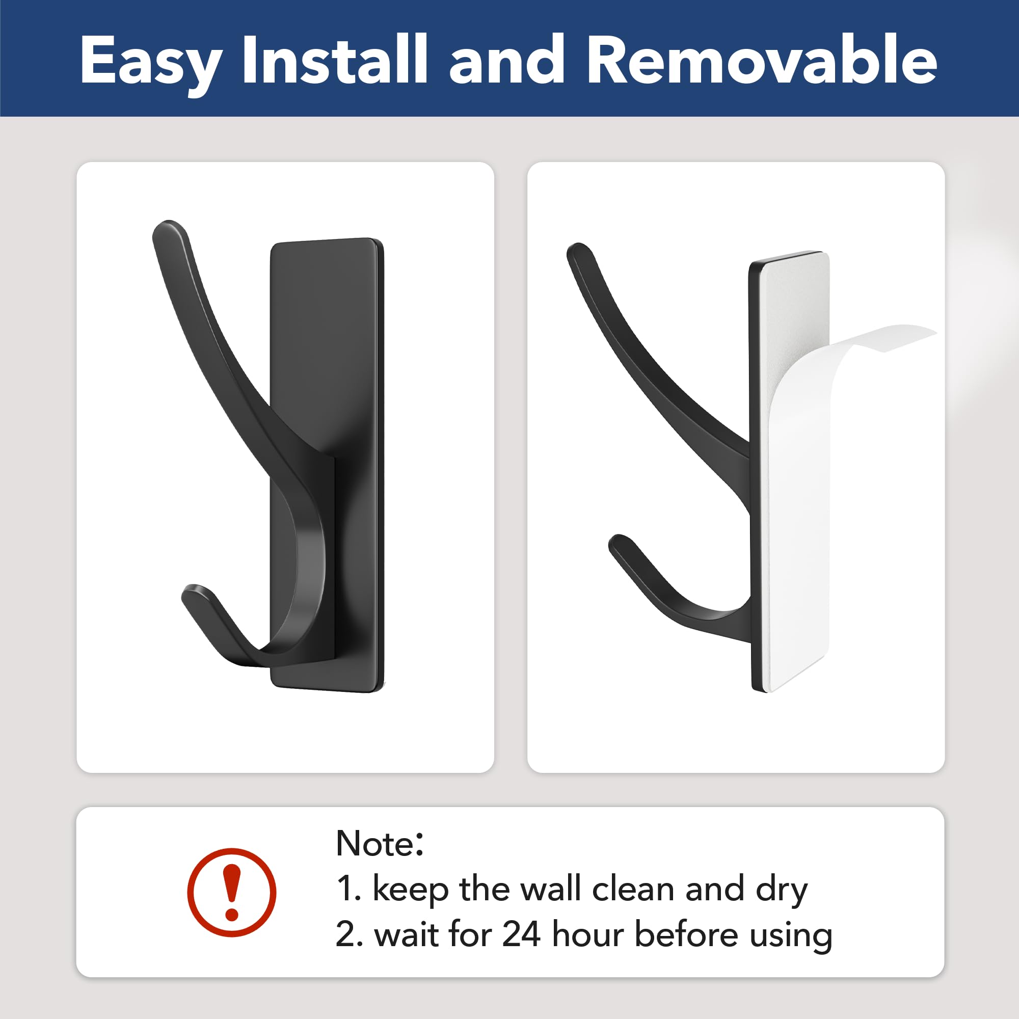 Self Adhesive Coat Hooks for Hanging: Heavy Duty Stainless Double Wall Hook for Towel, Backpack, Hat, Sturdy Metal Hanger for Bathroom, Bedroom, Door, Wall Mounted, 4-Pack, Matt Black