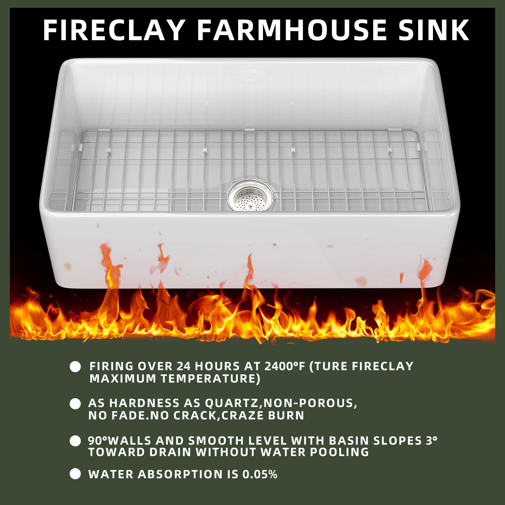 TUKTUK White Farmhouse Sink 33 inch Fireclay Apron Front Single Bowl Kitchen Sink Deep Drop In Farm Sink Undermount with Custom Bottom Grid & Strainer Drain