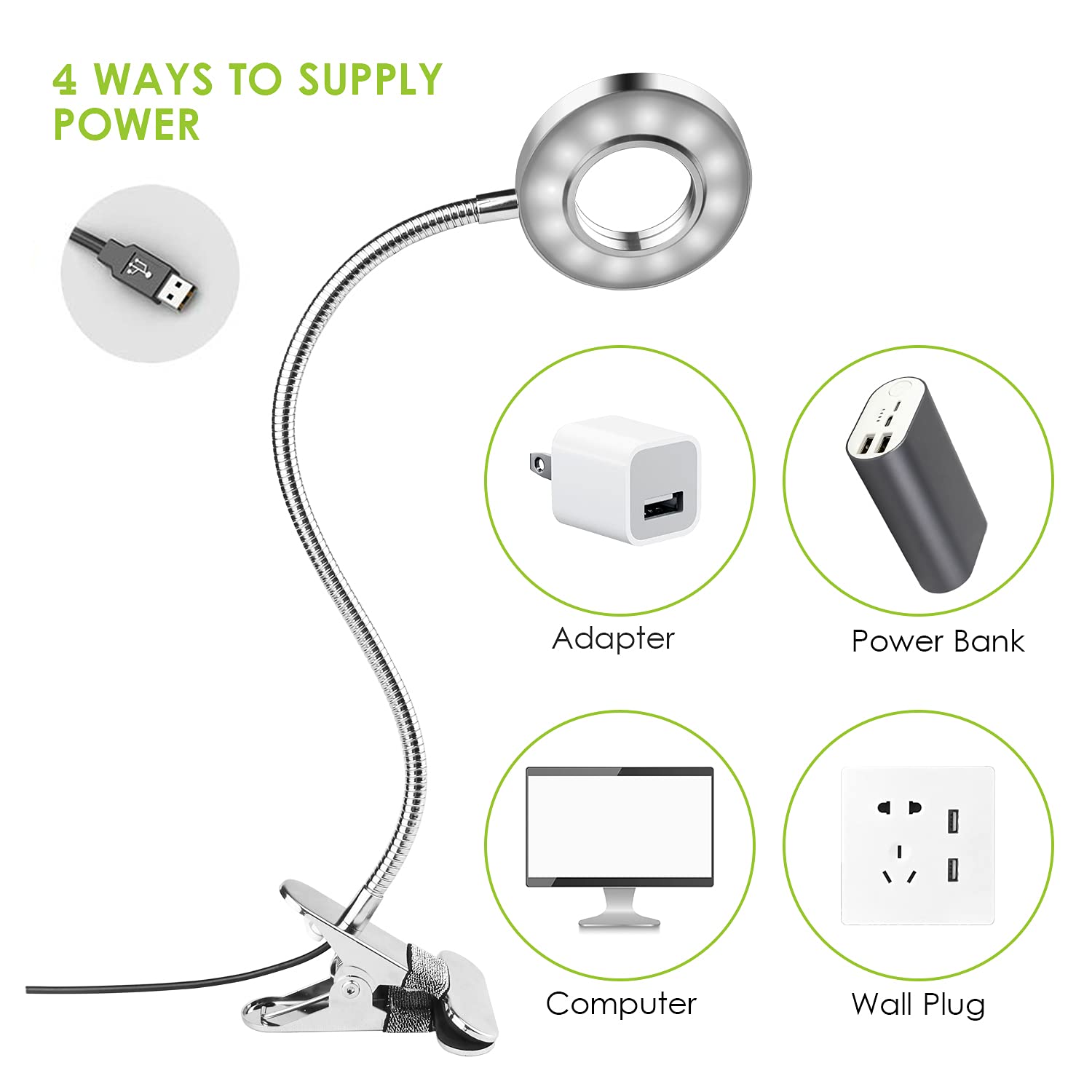 Semlos LED Reading Lights, Desk Lamp USB, Clamp Lamp for Bed Headboard Tables, 3 Lighting Modes 10 Brightness Levels, Clip Gooseneck Lamp, Memory Function, Auto Off(Silver, 8W)