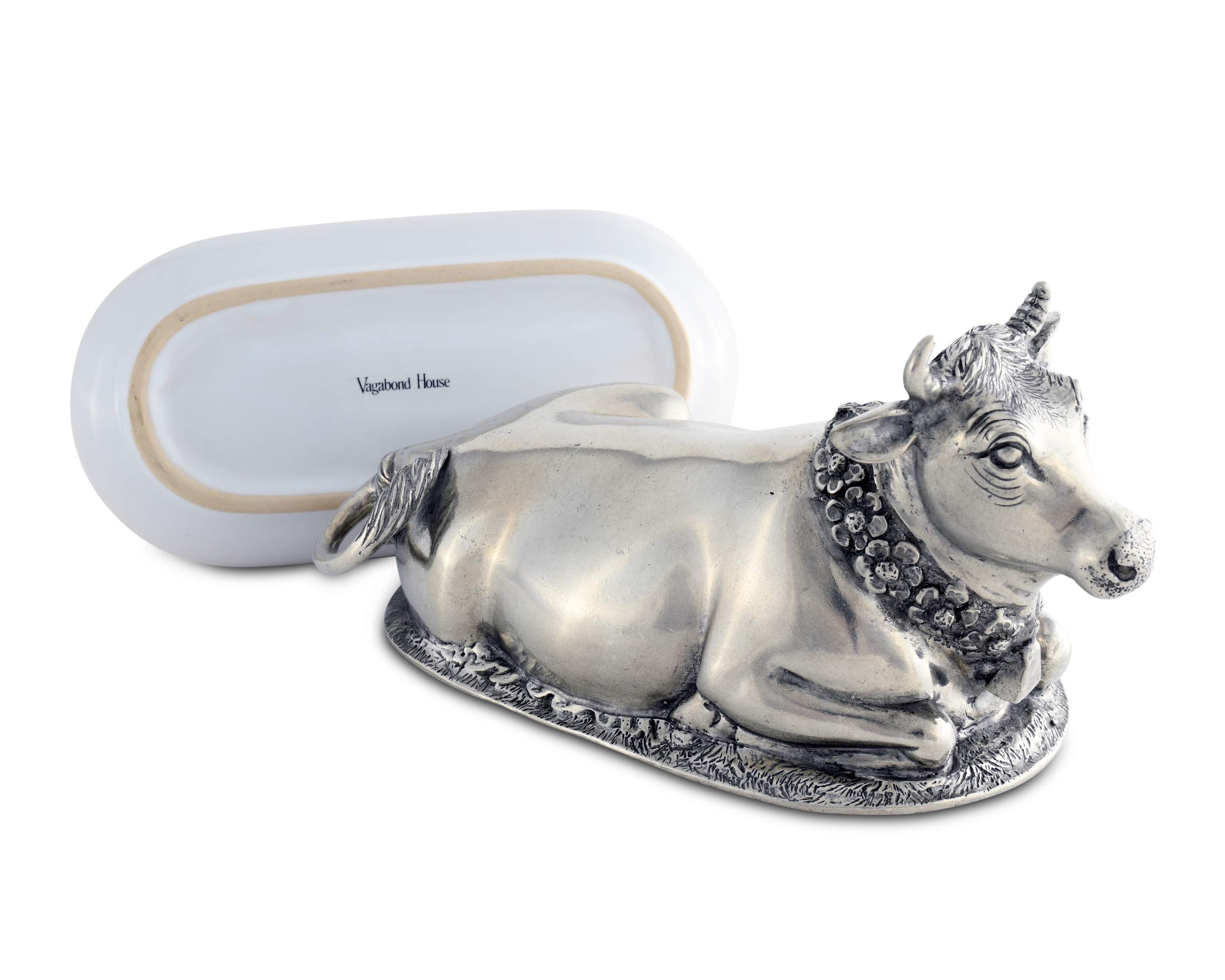Vagabond House Pewter Metal Mabel the Cow Covered Butter Cream Cheese Dish Container Keeper Heirloom Quality with Stoneware Tray Base 8.5 inch Long