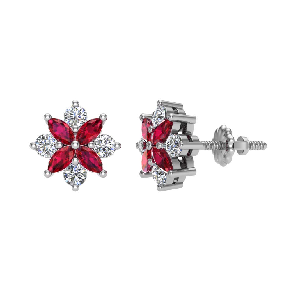 Ruby Earrings for women/girls Diamond studs w/Marquise gemstone 14K White Gold 0.90 ct t.w.