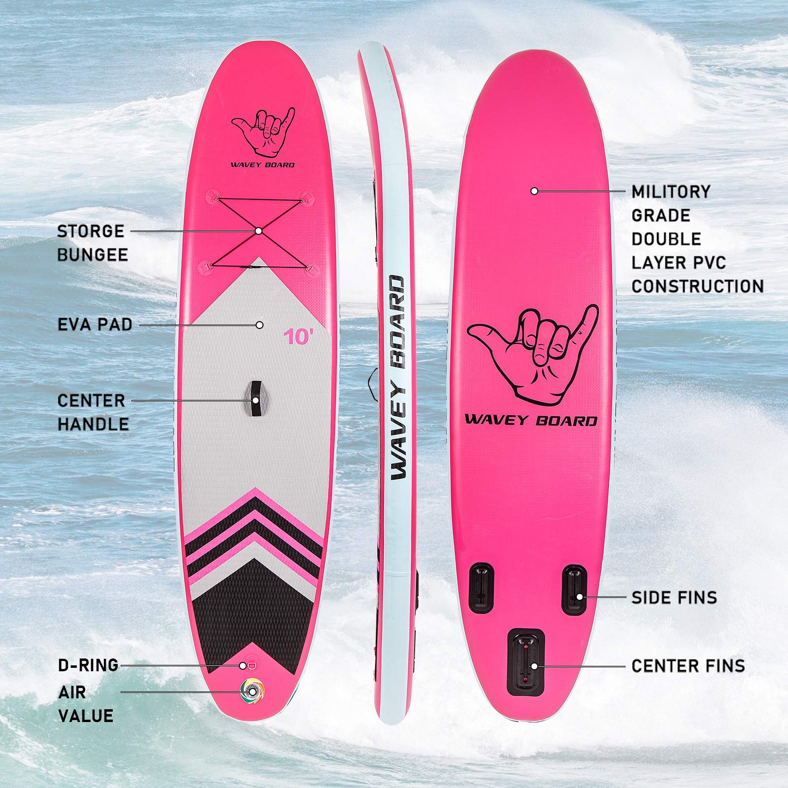 WAVEY BOARD Inflatable 10' Stand Up Paddle Board for Adult Premium SUP Blow up Paddle Board for Youth Kids (6" Thick) with ISUP Accessories Backpack Bag, Pump, Adjustable Paddle, Pink