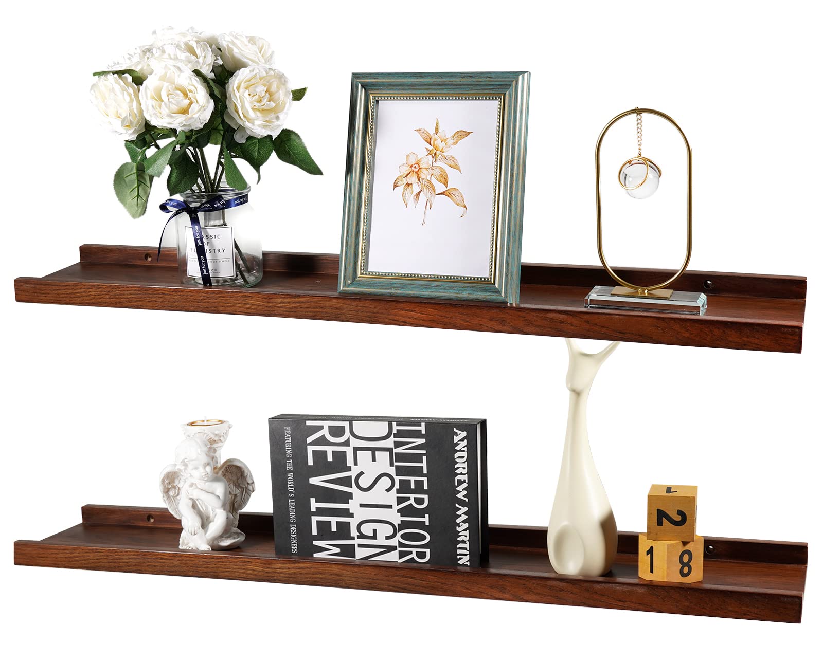 Recogwood 12 Inch Walnut Floating Shelves, 6'' Deep Solid Oak Wood Shelf, Rustic Wall Shelves for Decor and Storage, Picture Ledge Shelf for Bedroom/Bathroom/Living Room/Kitchen