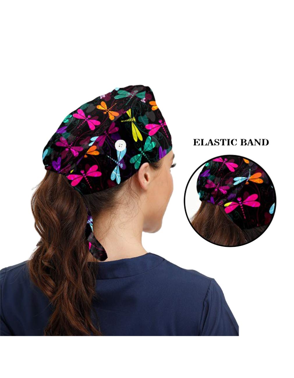 ZDZDY 2Pcs Fashion Working Caps with Buttons Adjustable Sweatband Tie Back Working Hats for Women Men(Dragonfly-Butterfly)