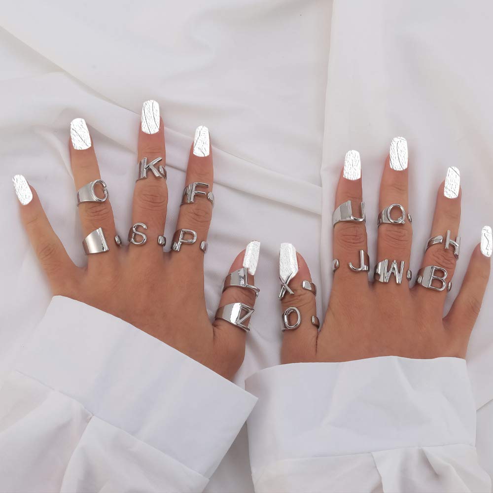 TOOPNK Initial Rings Letter Rings for Women Chunky Adjustable Rings Women Statement Rings for ladies' decorative gifts.Silver-M