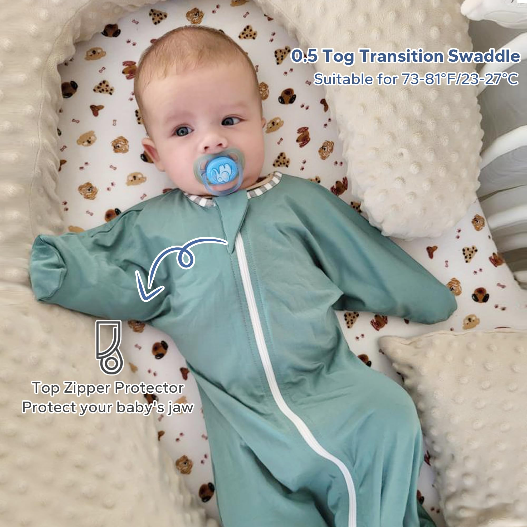 ZIGJOY Shark-Fin Transition Swaddle - 0.5 Tog Rayon Made from Bamboo Sleep Sack Transitional Swaddle Sack Baby Wearable Blanket with 2-Way Zipper, Mint Green, 0-3 Months