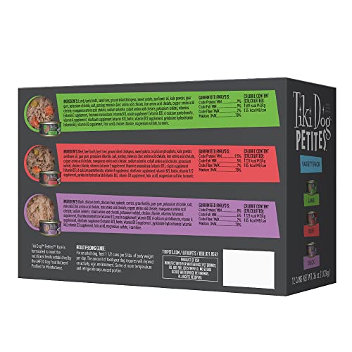 Tiki Pets 11343 Dog Petites Pate – High Protein & Grain Free Wet Food Lamb, Beef & Duck Recipes, 12 cans 3oz, Variety Pack