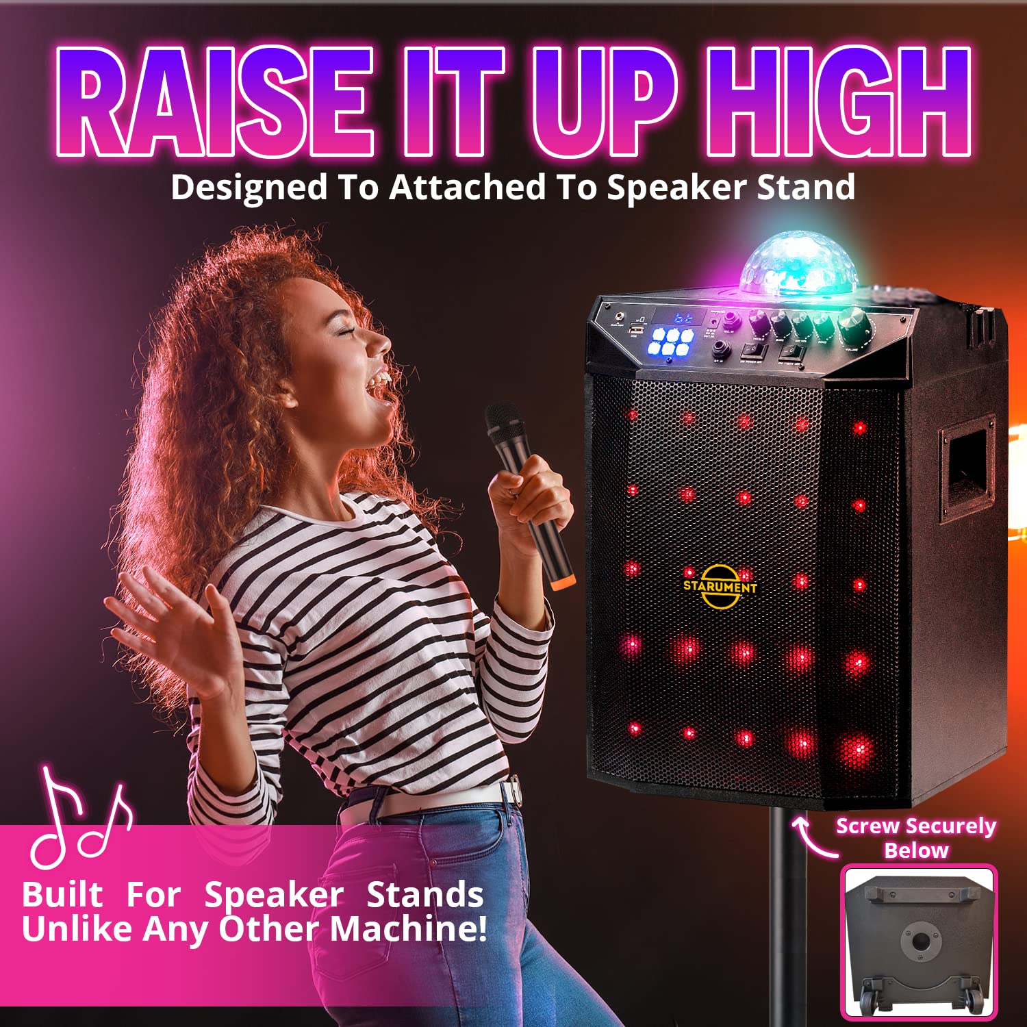 Starument Portable Karaoke Machine for Adults & Kids Complete Karaoke System Includes Bluetooth Speakers on Wheels, 2 Bluetooth Microphones, Disco Ball, LED Speaker Light, Cell Phone Stand & USB Aux