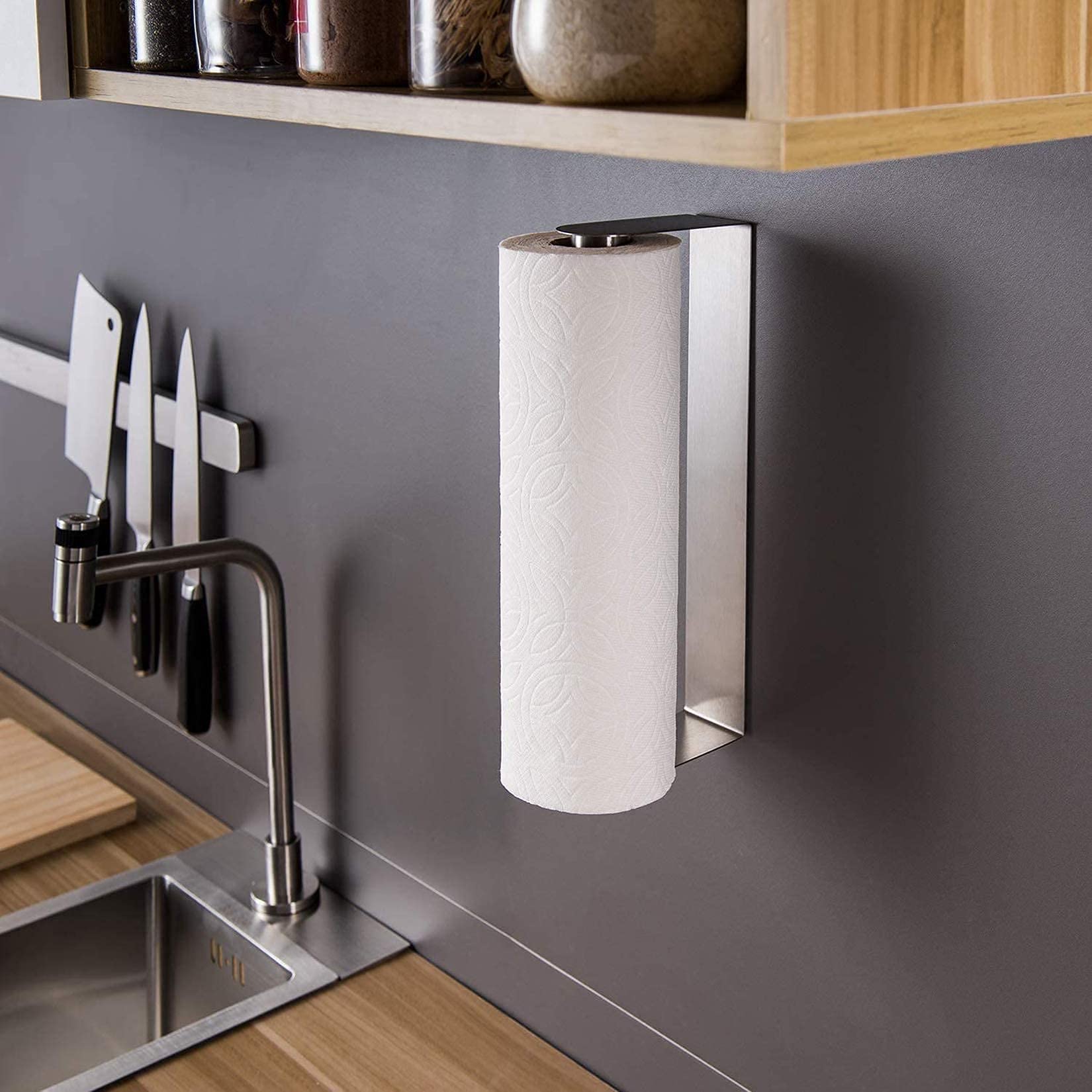 YIGII Towel Hooks + Paper Towel Holder Under Cabinet - Self Adhesive for Kitchen,SUS-304 Stainless Steel Brushed