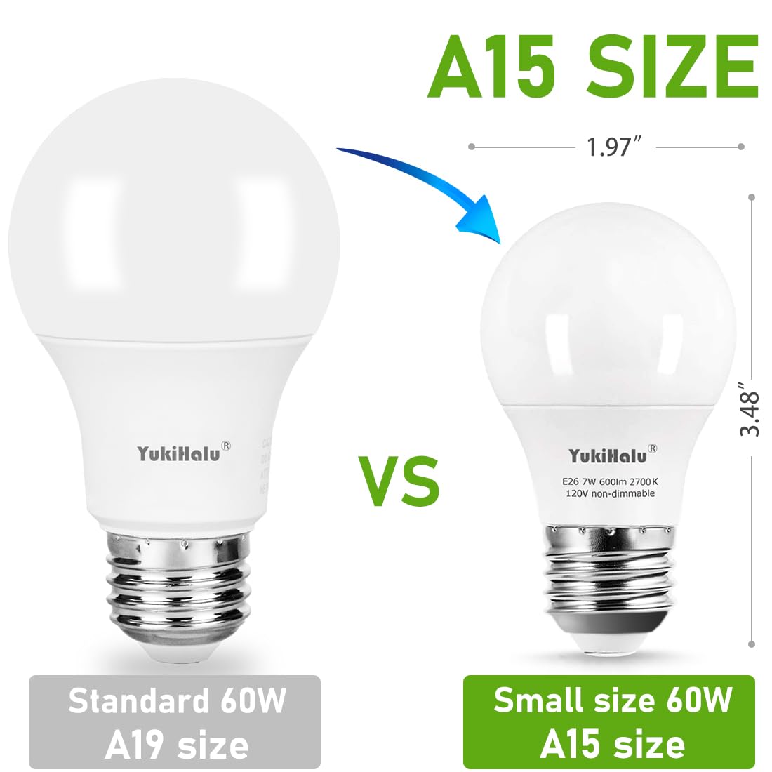YukiHalu Dimmable A15 LED Light Bulbs, 60W Equivalent, 3000K-5000K White, E26 Base, 7W 600 Lumens 120V, Ceiling Fan Light Bulbs, Appliance Bulb, UL Listed, Pack of 4(3000K Soft White)