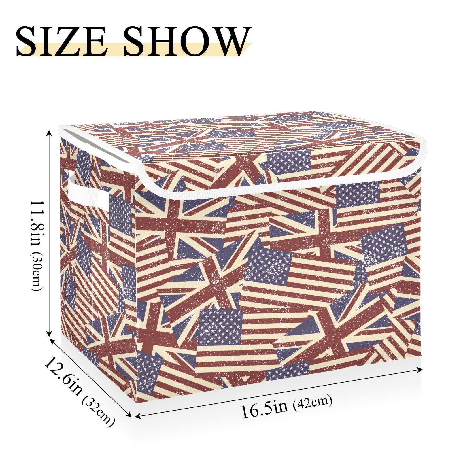 Vnurnrn Collapsible Storage Bin with Lid (British Usa Flag), Foldable Storage Basket Cube for Clothes Toys 16.5×12.6×11.8 Inches