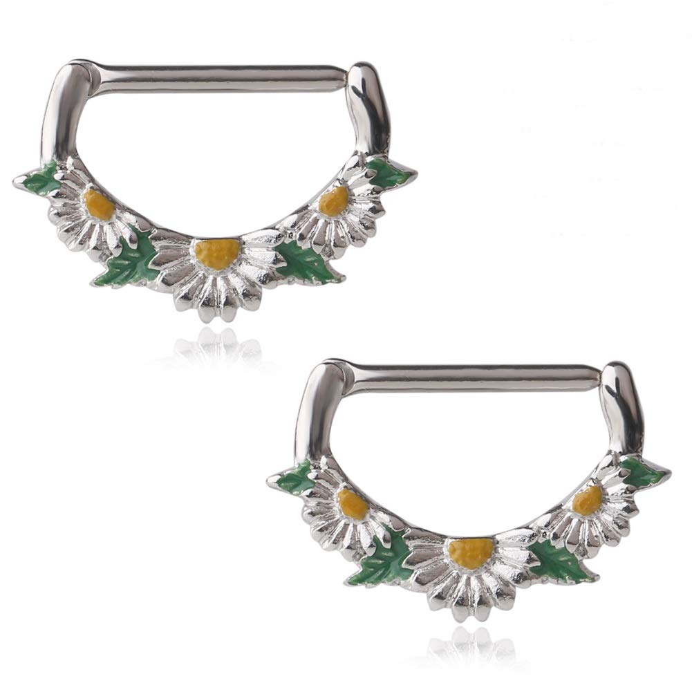 Ruifan 14G Garland Flowers Nipple Clicker Ring Barbell Barbells Ring Body Piercing Jewelry 2PCS (Yellow)