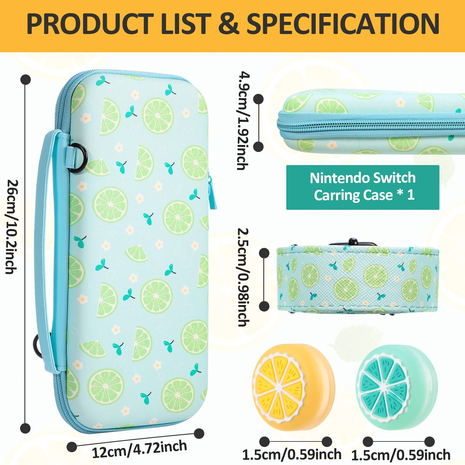 Weewooday Green Lemon Patterns Portable Carrying Case Hard Protective Travel Case with 2 Pieces Thumb Grip Covers Shell Pouch Compatible with Nintendo Switch Accessories