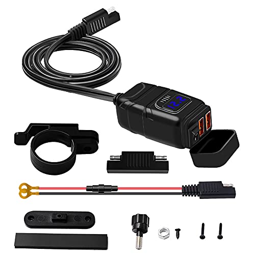Vemote Motorcycle Phone Charger USB, Waterproof 6.8A Dual Port QC3.0 Fast Charging, Quick Disconnect SAE USB Adapter, Voltmeter, ON/Off Switch&Fuse for Phone,Tablet. (7/8inch Handlebar, Blue)