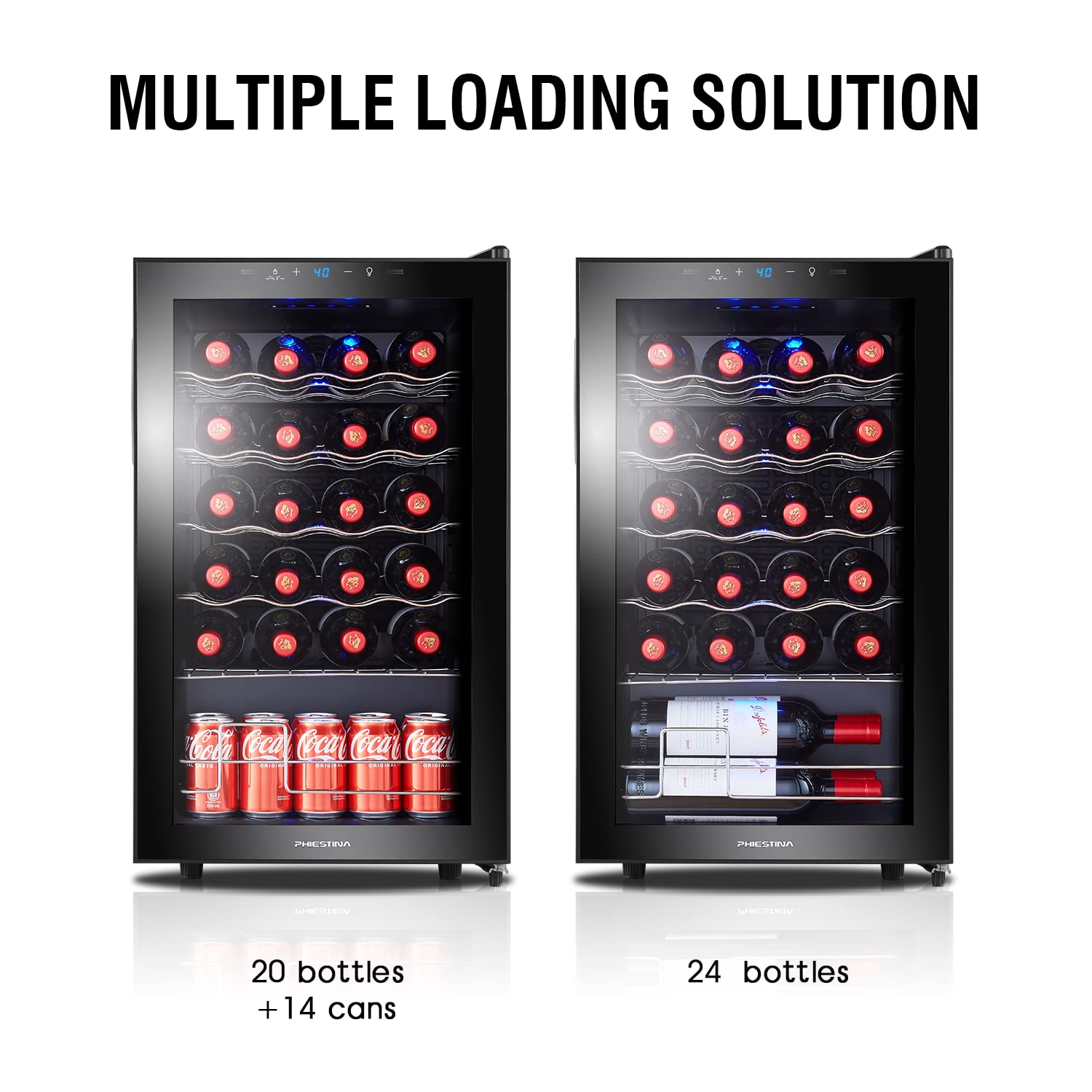 Phiestina Wine Cooler Beverage Refrigerator Freestanding Wine Refrigerator,24 Bottles or 20 Bottles 14 cans Beer Fridge,Removable Shelves Interior Lighting Digital Touch Control for Home/Bar/Office