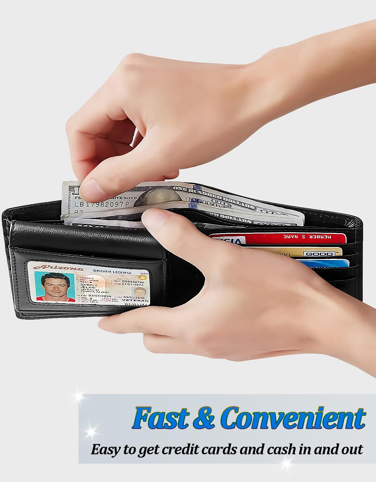 Travelambo Black Wallet for Men, Premium Genuine Leather RFID Blocking Mens Wallet, 10 Credit Card Holder Minimalist Front Pocket, Mens Bifold Wallet with 2 ID Window