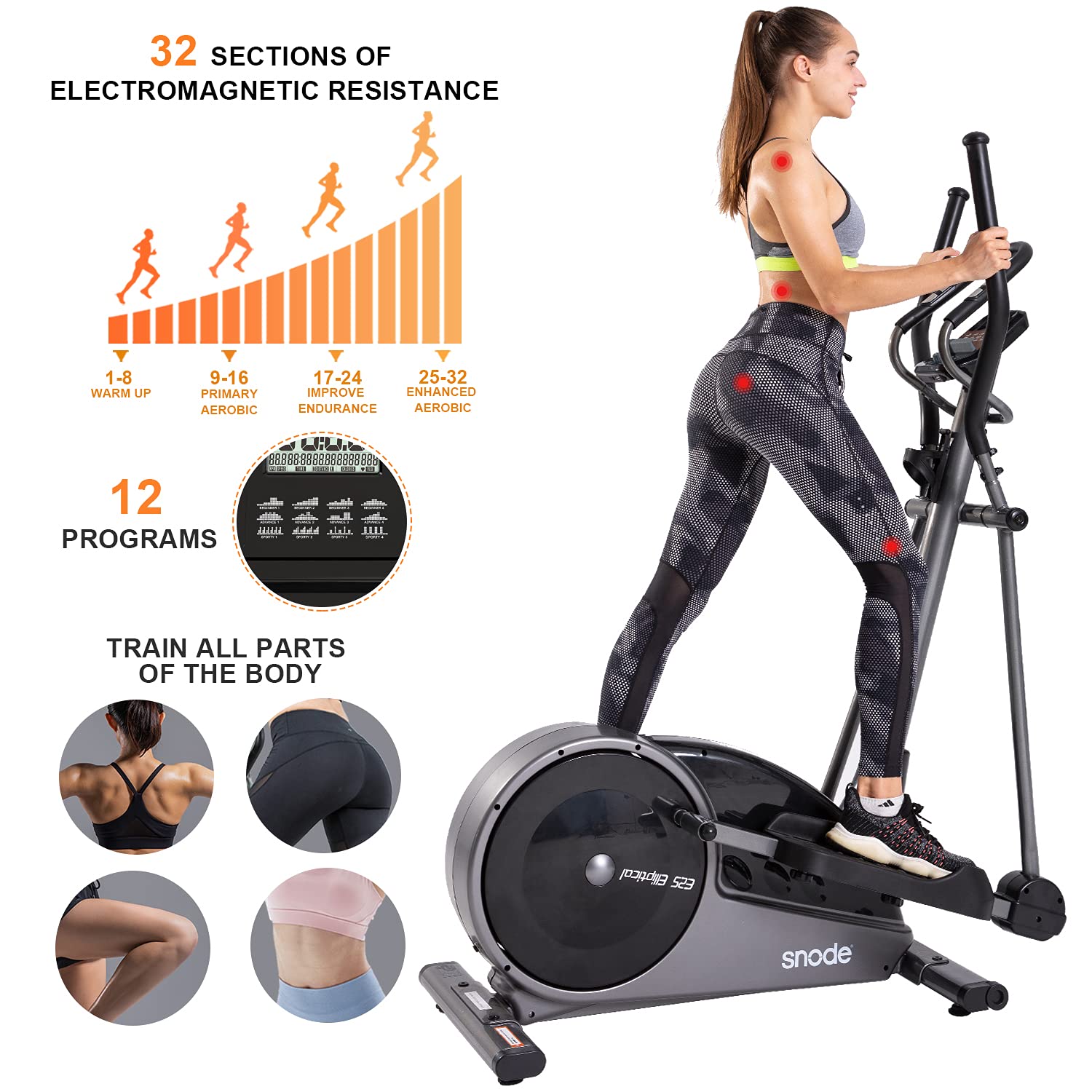 SNODE Programmed Magnetic Elliptical Machines for Home Use with Free APP - Eliptical Trainer Home Workout Equipment with 32 Level Resistance,Pulse Tension, Intelligent Workout App, LCD Display