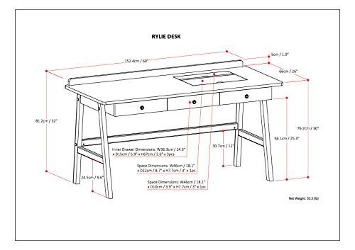 SIMPLIHOME Rylie SOLID WOOD 60 inch Wide Home Office Desk, Writing Table, Workstation, Study Table Furniture in Natural Aged Brown with 3 Drawers
