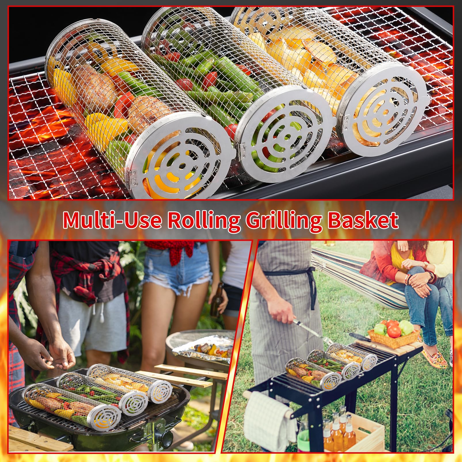 Rolling Grilling Baskets for Outdoor Grill Bbq ,Stainless Steel Grill Mesh Barbeque Grill Accessories,Outdoor Round BBQ Stainless Steel Grill Basket Campfire Grill Grid - Camping Picnic Cookware