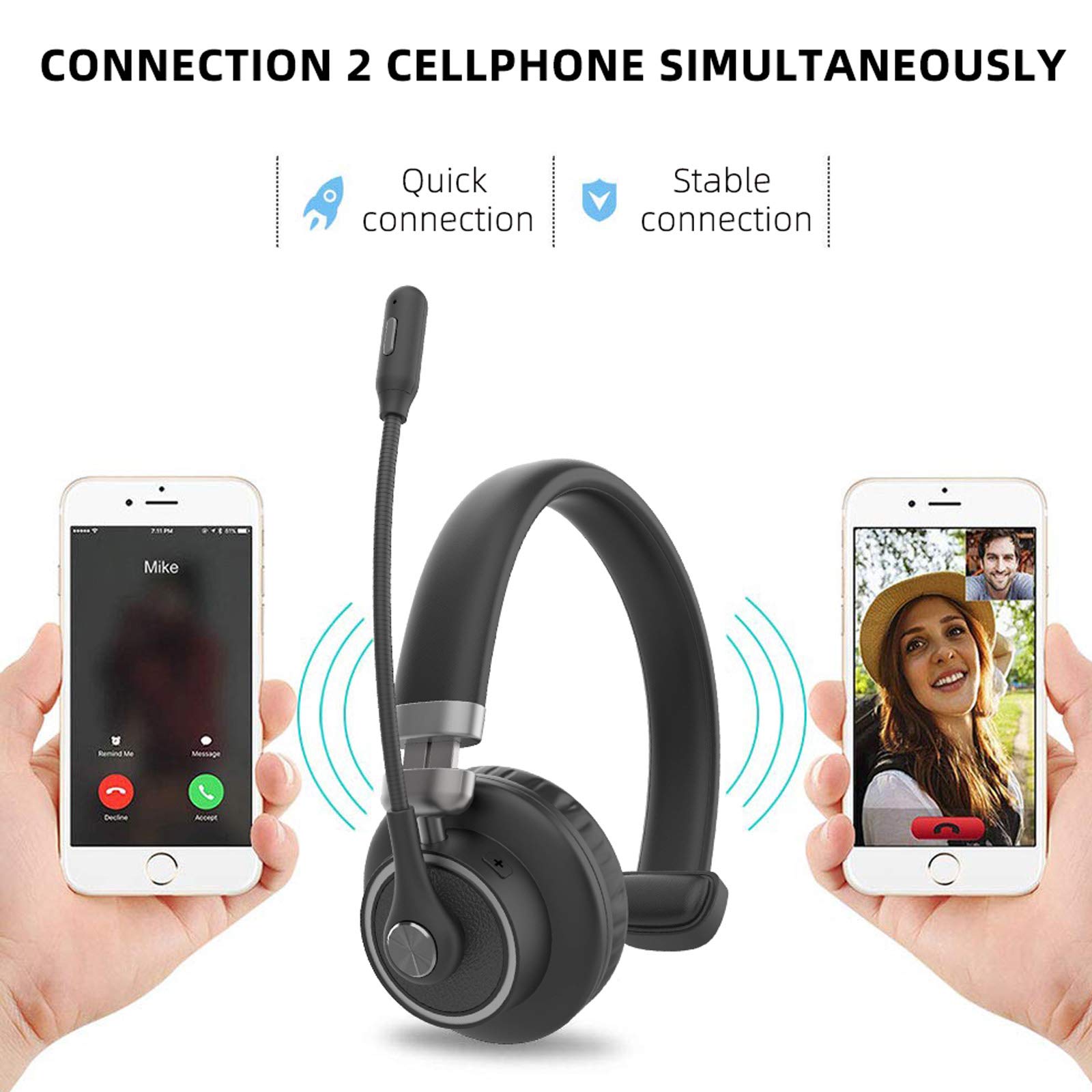 Yezonic Bluetooth Headset with Noise Canceling Microphone V5.0, Truck Wireless Headset with Mic Mute, 24hrs Clear Talk Time Comfort for Car Driver Office Business Call Center Home Work Cell Phone PC