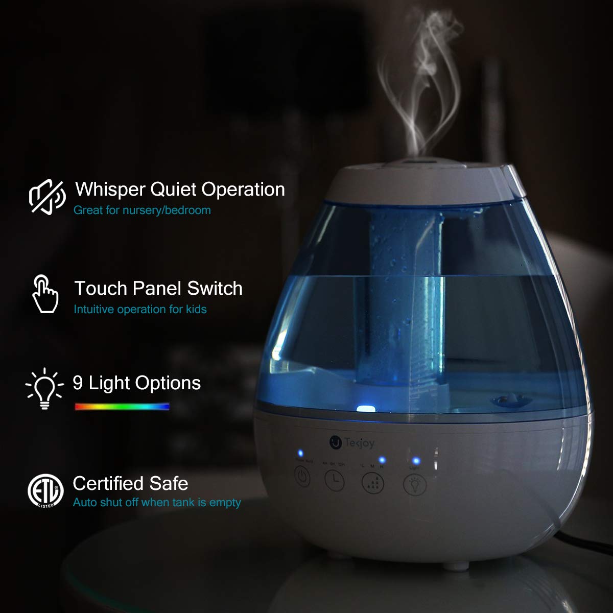 Tekjoy Cool Mist Humidifiers, Premium Ultrasonic Air Humidifier for Large Bedroom and Baby, Whisper Quiet, Auto Shut-Off, Touch Panel, 360° Nozzle, Timer, 2.2L Lasts Up to 24 Hrs