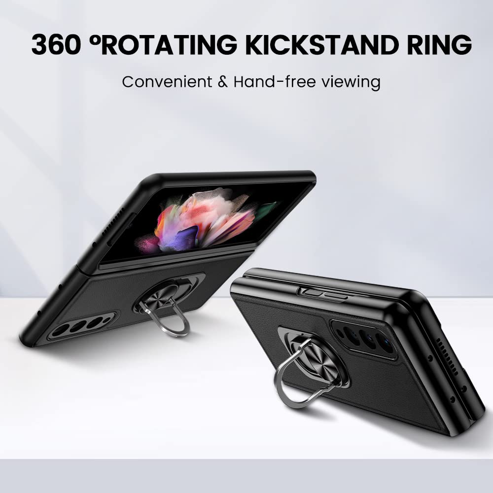 VEGO for Galaxy Z Fold 3 Case with Hinge Protection, Built-in 360°Rotate Ring Stand Magnetic Cover Case for Samsung Galaxy Z Fold 3 5G (2021) - Black
