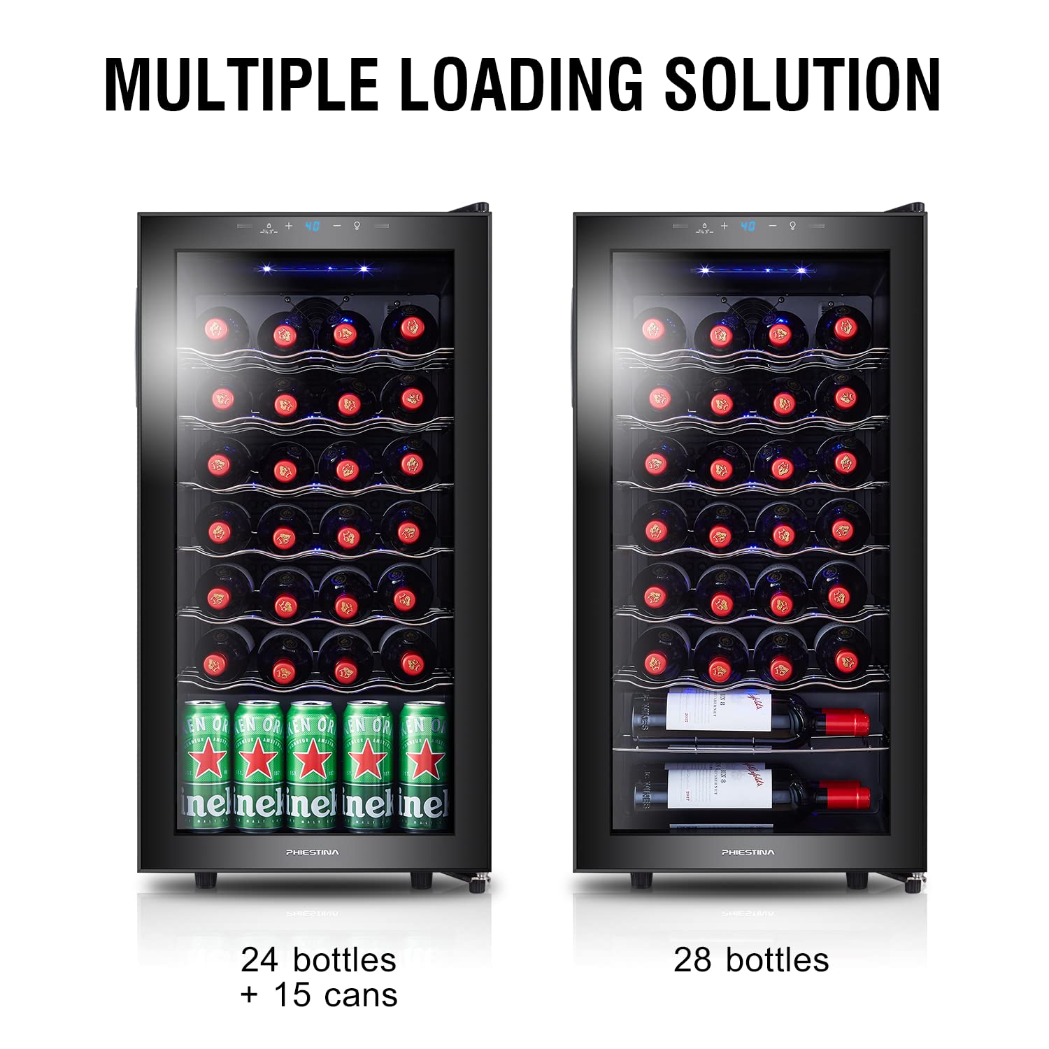 Phiestina Wine and Beverage Refrigerator Wine Cooler Freestanding 28 Bottles or 24 Bottles 15 cans Wine Fridge with LED light Digital Touch Control 7 Removable Shelves for Home/Bar/Office