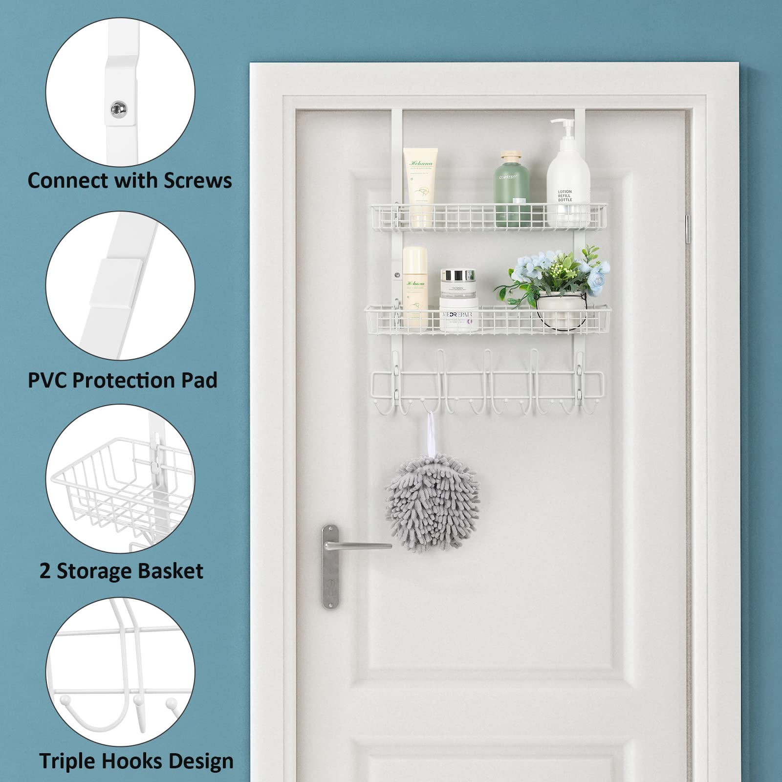 smusei Over The Door Hooks Hanger White, Door Organizer Towel Rack with 10 Hooks & 2 Mesh Baskets, Over The Door Coat Rack for Living Room Bathroom Bedroom Kitchen