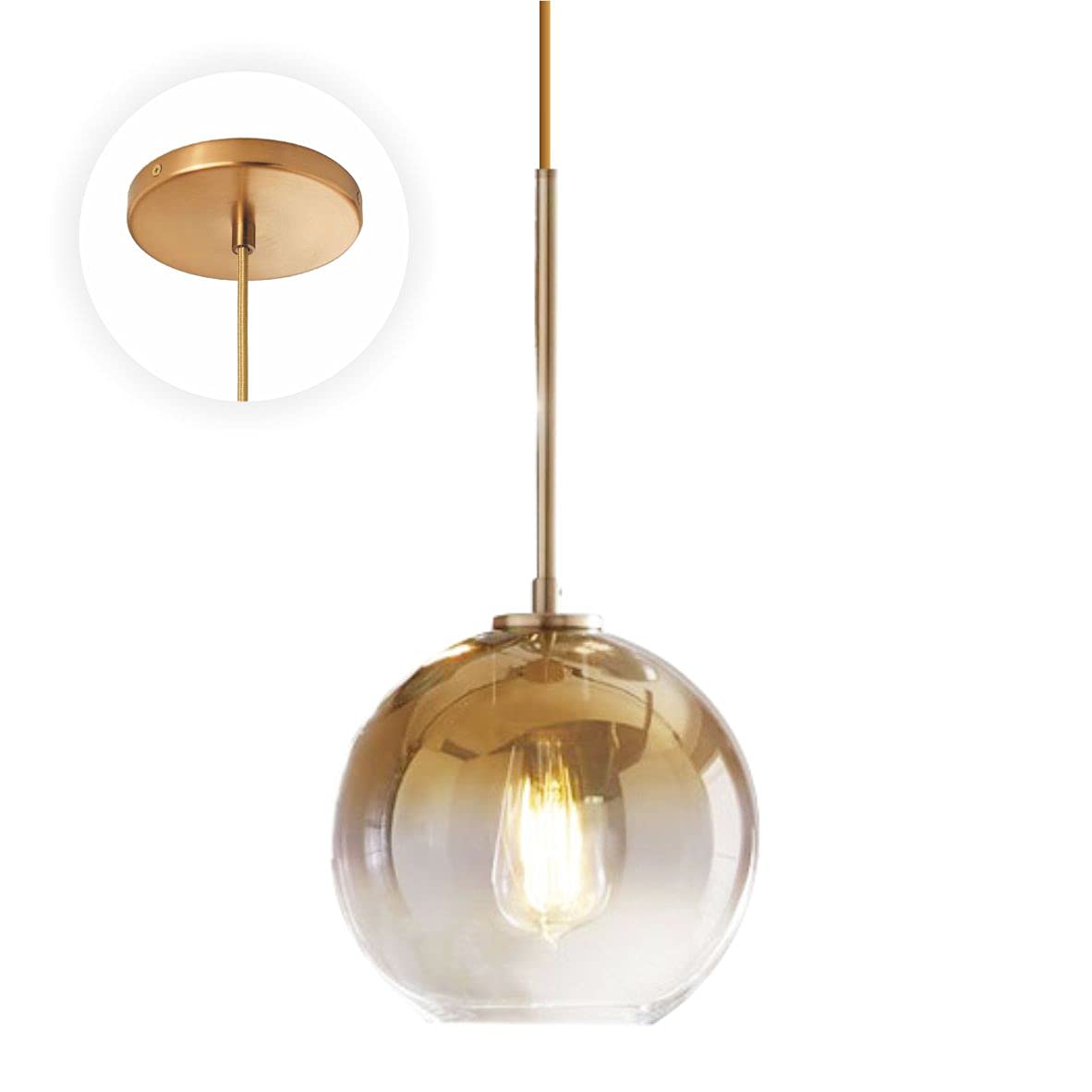 PULEE Modern Globe Pendant Light 1-Light Gradient Shade Glass Hanging Lamp Mid Century Hanging Light Fixture Adjustable Indoor Pendant Lamp for Dining Room Bedroom Kitchen (gold-20)