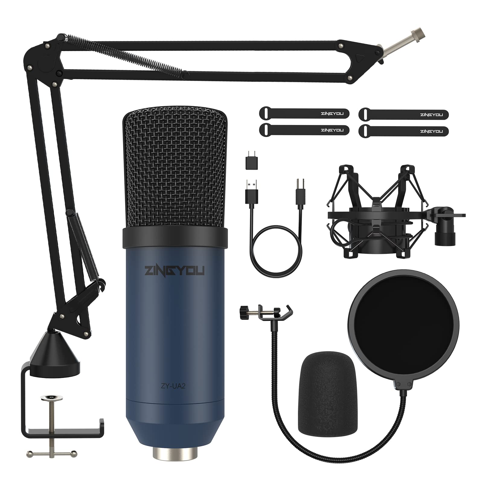 ZINGYOU USB Condenser Microphone, 96KHz/24Bit Cardioid Computer Mic Kit for PC Recording, Gaming, Podcasting, Live Streaming, Voice Over, YouTube, Twitch,with Upgraded Boom Arm, ZY-UA2 (Blue)