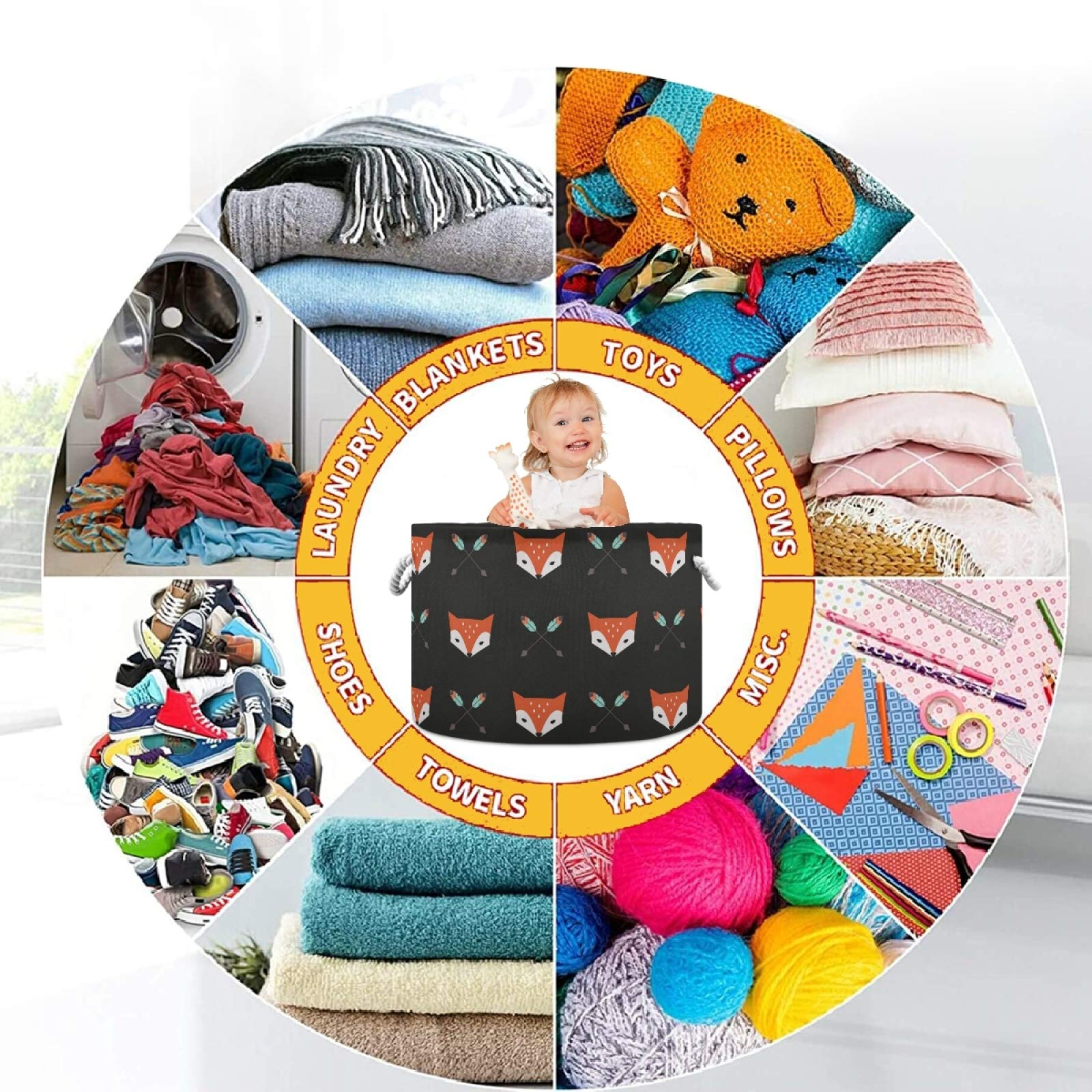 visesunny Storage Basket Foxes Arrow Animal Nursery Hamper Canvas Fabric Toy Storage Organizer Bin Storage Box Laundry Basket for Kid Rooms,Playroom,Shelves,Toy Basket