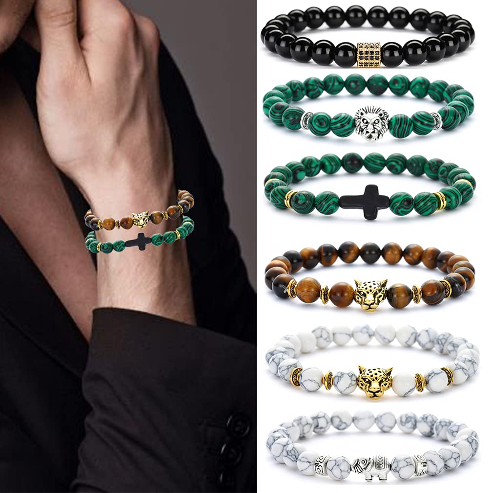 SONNYX 12 Pcs 8MM Lava Rock Stone Bead Bracelet for Men Women Crown King Charm Lion Leopard Head Natural stone Bracelet Set Adjustable Elastic