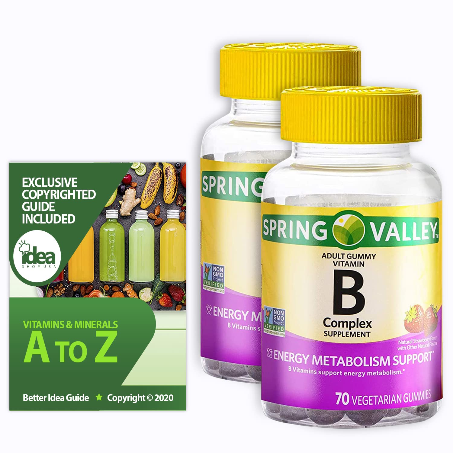 Vitamin B Complex Vegetarian Gummies for Adult, 70 Ct (2 Pack) Bundle with Exclusive Vitamins & Minerals - A to Z - Better Idea Guide (3 Items)