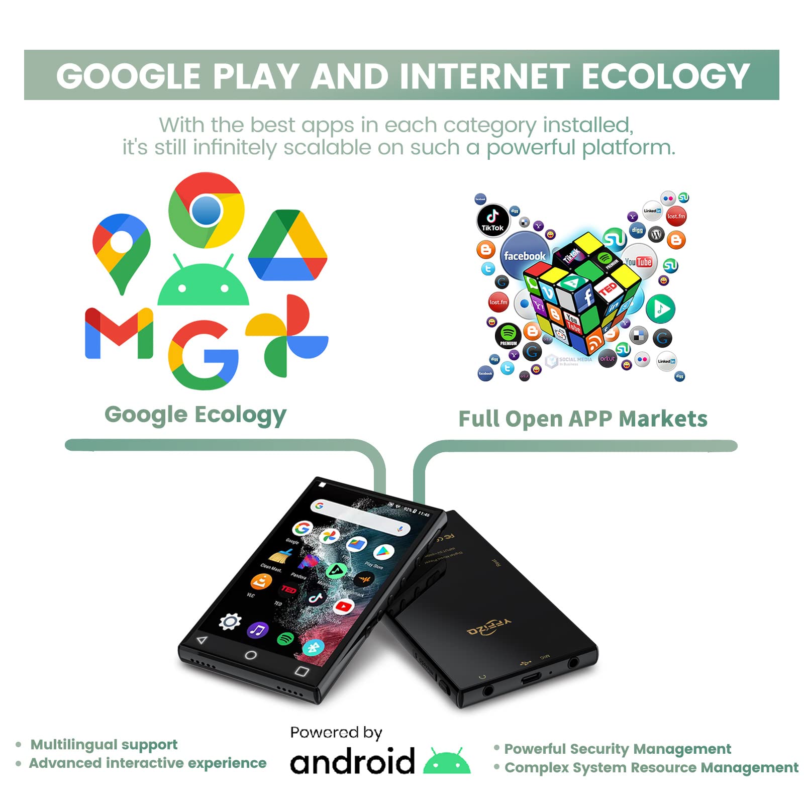 YFFIZQ 144GB Android9.0 MP3 Player with Bluetooth and WiFi,4.3"1080P Full Touch Screen MP4 Player with Spotify,Portable HIFI Sound MP3 Player with speaker,Support Online Streaming Music & Google Play