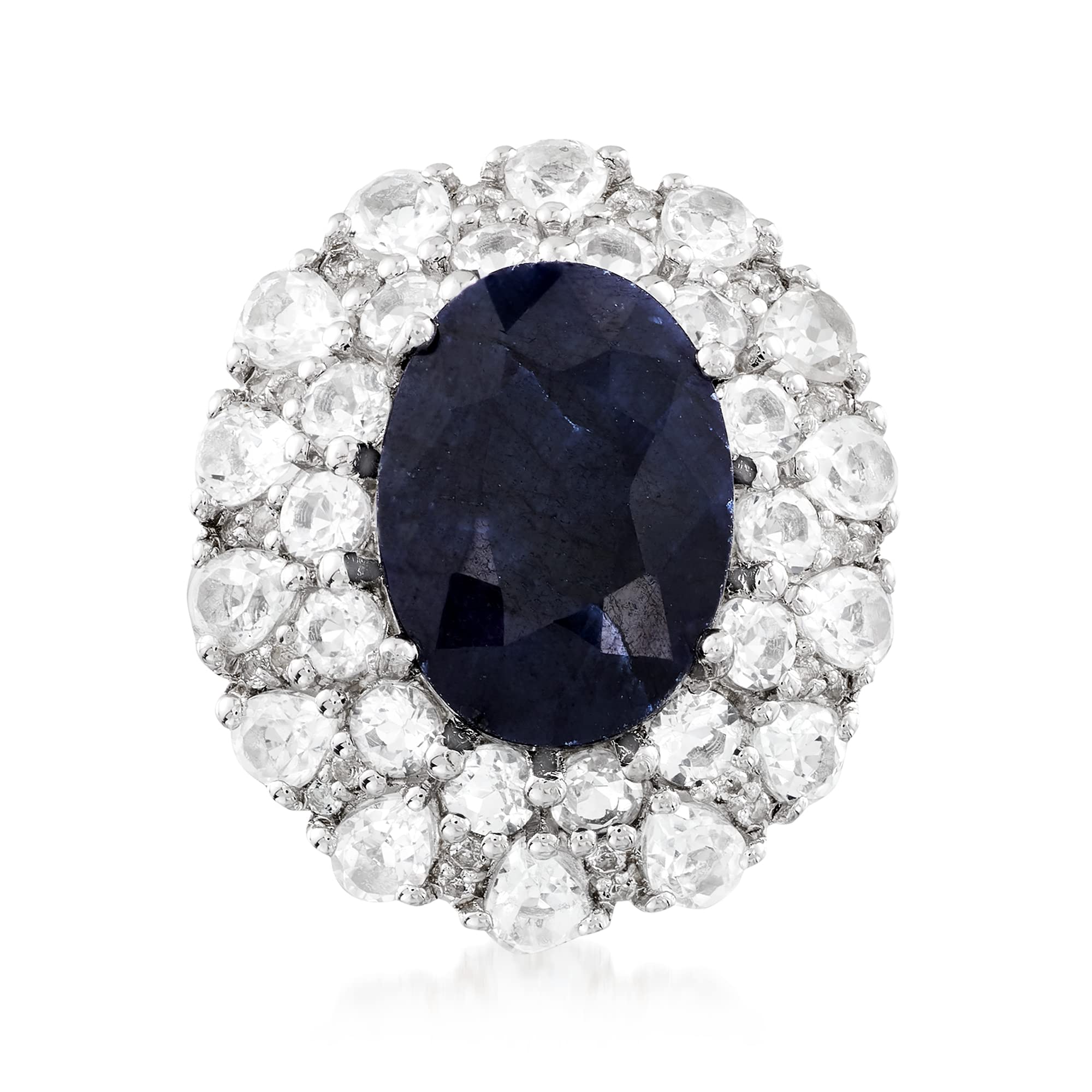 Ross-Simons 7.25 Carat Dark Blue Sapphire and 4.40 ct. t.w. White Topaz Ring in Sterling Silver. Size 8
