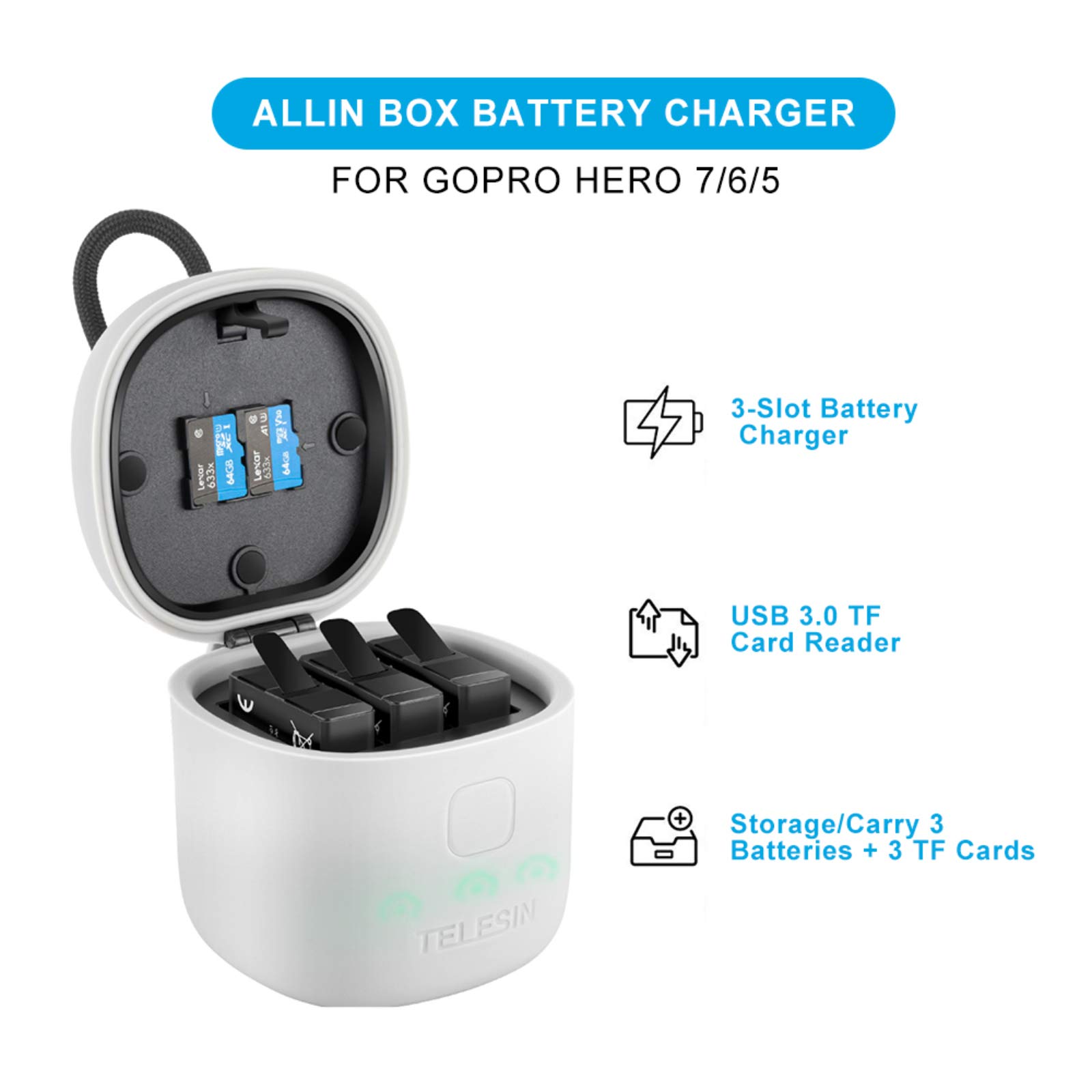 TELESIN 3-Pack Batteries and 3-Channels USB Charger for GoPro Hero 8 Hero 7 Black Hero (2018) Hero 6 Hero 5 Black, Allin Box Charger with High Speed USB 3.0 SD Card Reader Function Go Pro Accessories