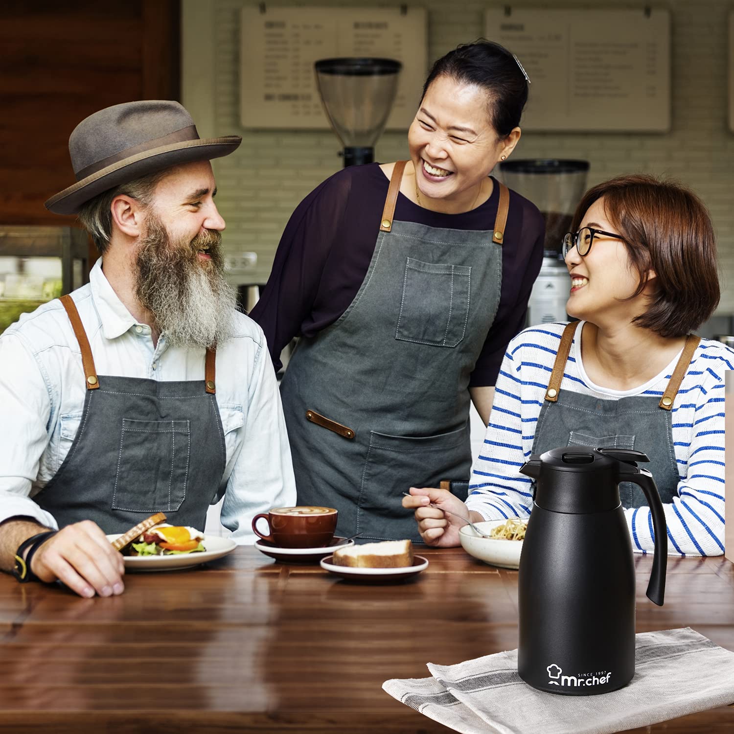 SINCE 1997 MR.CHEF 34Oz Thermal Coffee Carafe, Insulated Stainless Steel Coffee Carafes for Keeping Hot/Double Walled Vacuum Coffee Carafe (Gold, 1L)