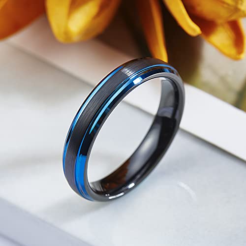 THREE KEYS JEWELRY Tungsten Carbide Womens 4mm Black Blue Wedding Band Ring Brushed Flat for Women Inlay Engrave EngageWoment Size 8
