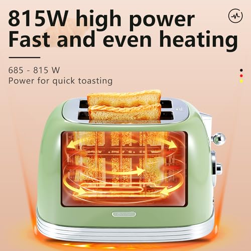 Toaster Retro 2 Slice, Vintage Toaster, Green Toaster, With Stainless Steel Lid, With Bread Attachment, Preheat, Defrost And Cancel Functions, 6 Browning Levels (Green)