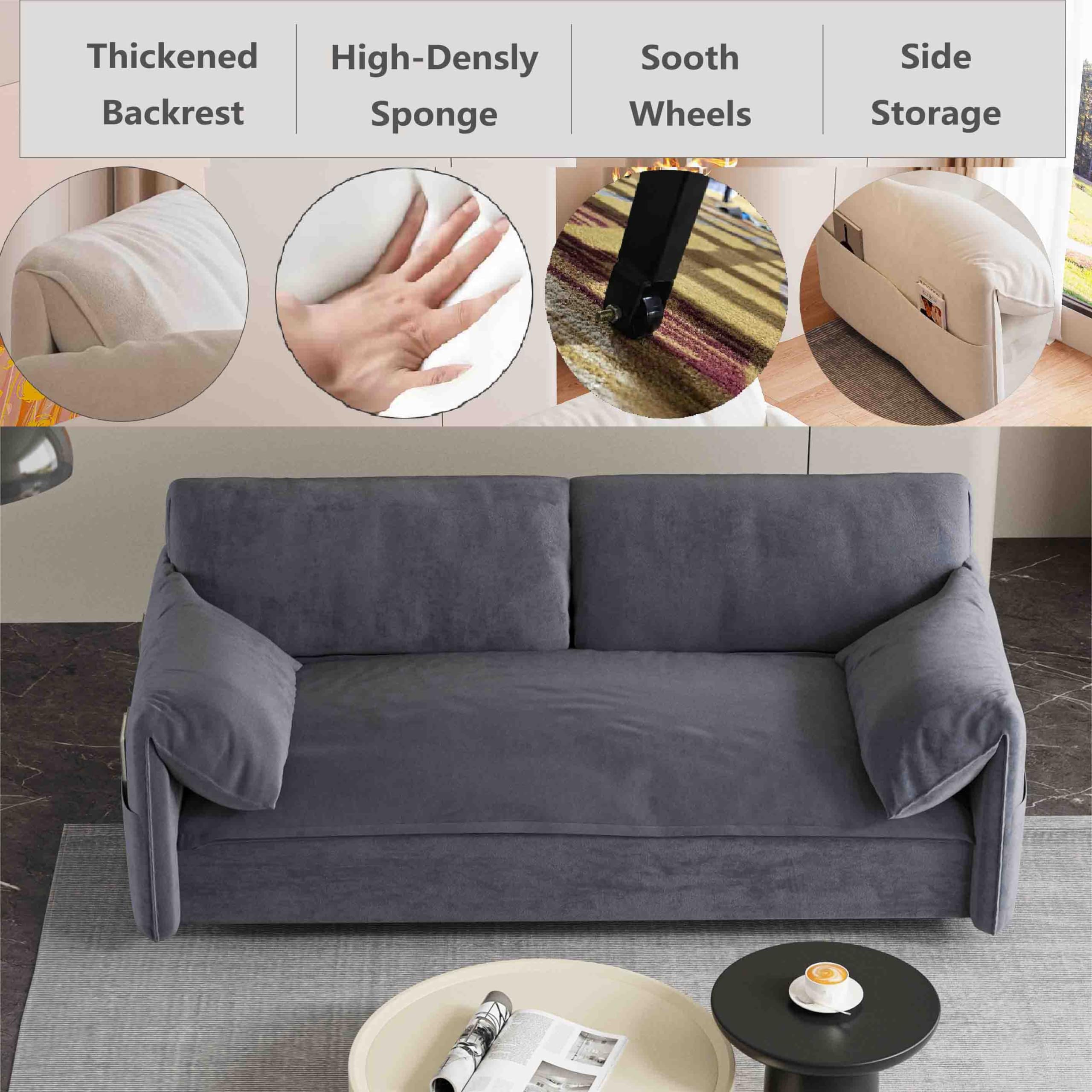 RIDFY 63.8" Queen Pull Out Sofa Bed, 3-in-1 Modern Love seat Bed, Convertible Sleeper Sofa Couch with Side Storage Pockets and Pillows, Velvet Deep Seat for Small Spaces,Apartment,Office,Grey-New