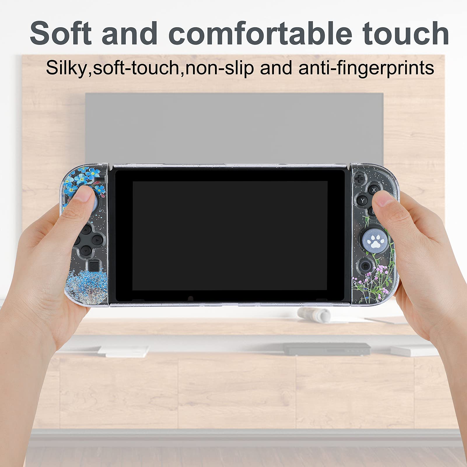 ThreeShip Kawvisy Dockable Crystal Case for Switch, Glitter Switch Cover with 4 Cute Cat Claw Thumb Grips and Screen Protector, Sparkle Switch Case(Blue Flower)