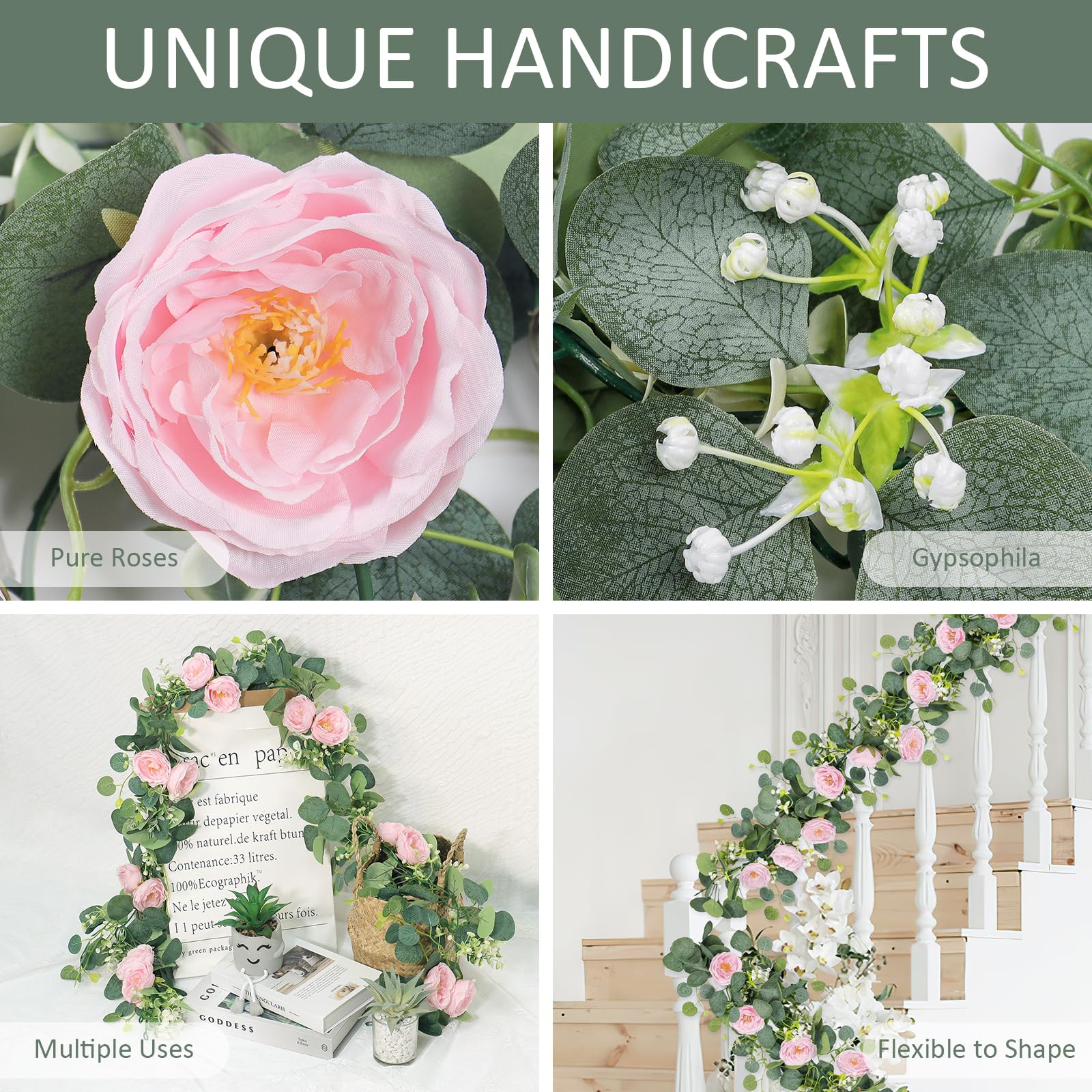 TOCHGREEN 2 Pack 13Ft Artificial Eucalyptus Flower Garland with Pink Roses, Fake Rose Flower Greenery Garland Floral Vines for Wedding Home Party Table Runner Decor (2PCS, Pink)