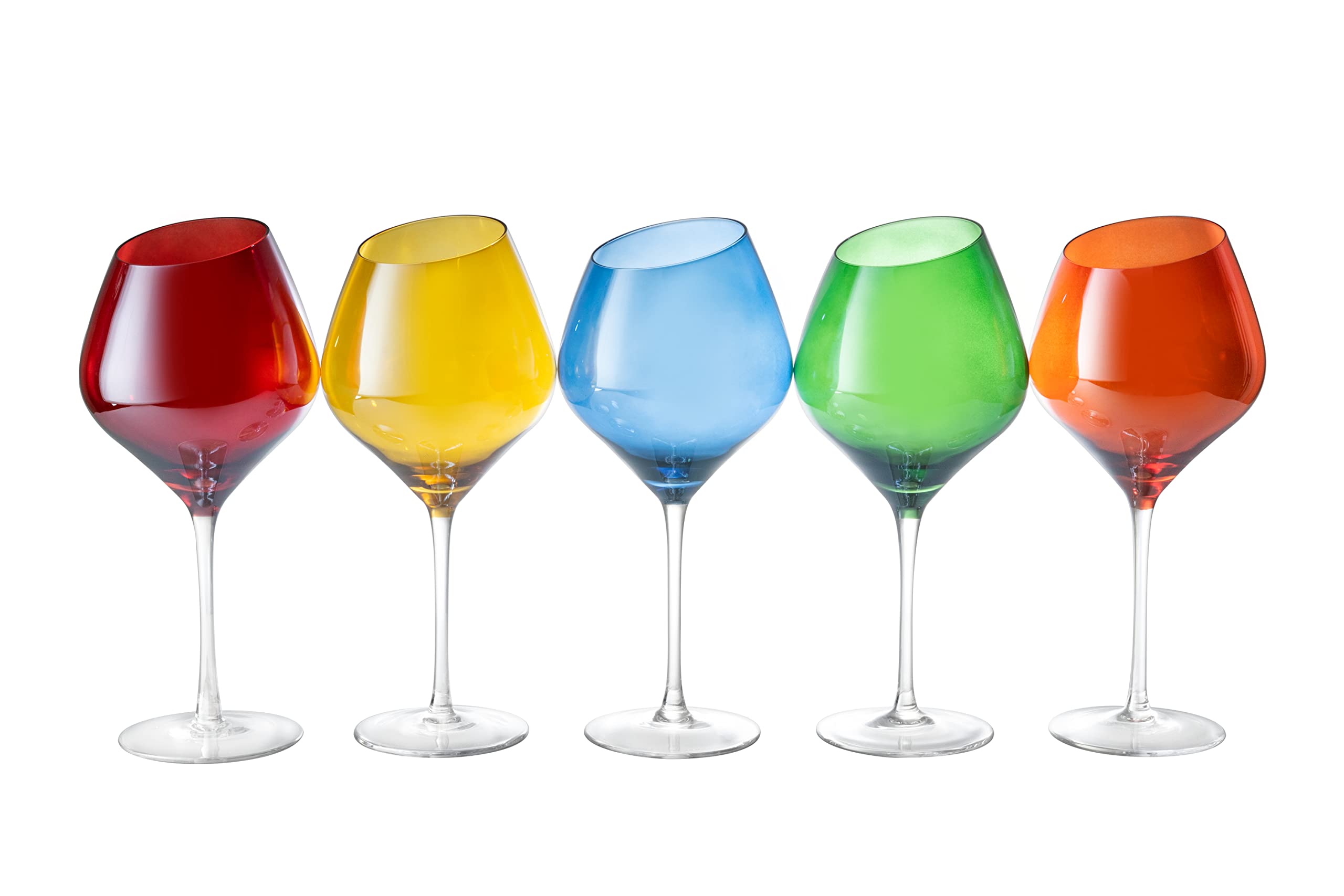 The Wine Savant Slanted Rim Colored Wine Glasses Set of 5 Stylish and Slant Rim Wine Glasses for Gift, Multicolor Set for Anniversary, White or Red Wine, Cabernet Bordeaux 20 oz