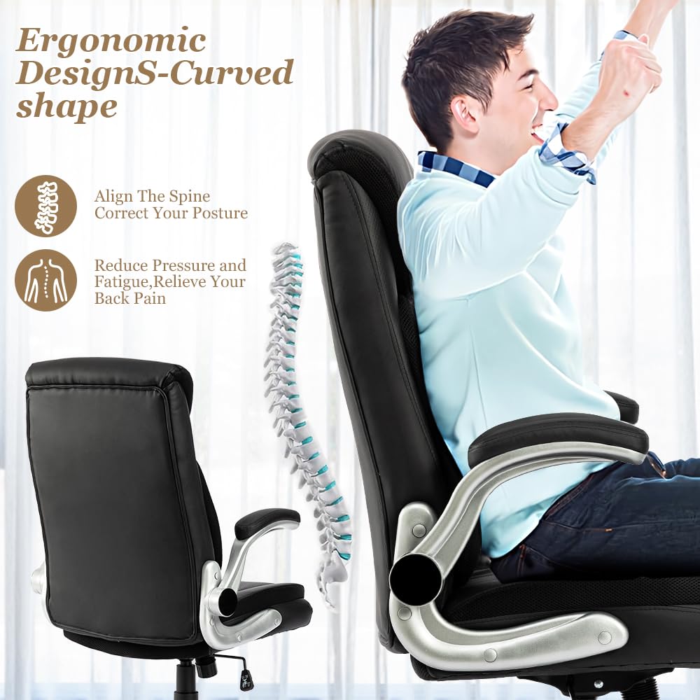 Savourseat Big and Tall Office Chair Heavy Duty Executive Desk Chair with Flip-up Armrests, High Back, Wide Seat, Thick Padded, Strong Nylon Base, Smooth Wheels Ergonomic Office Chairs