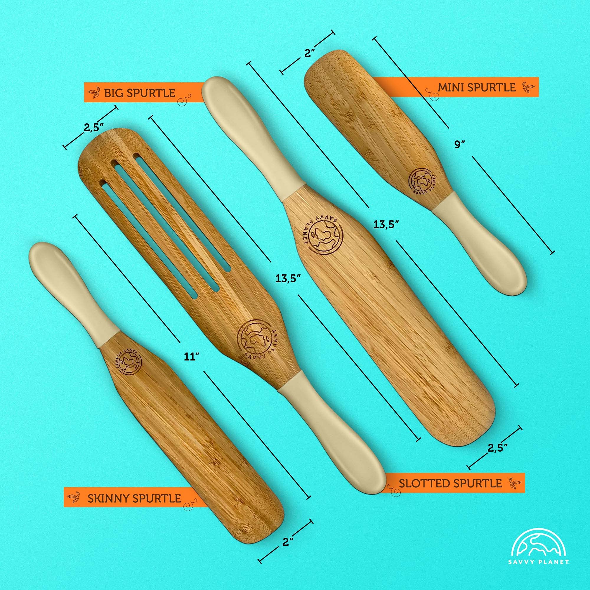 SAVVY PLANET - Bamboo Wooden Spurtle Set | Handles with Silicone Grip | Multi-Use Cooking Utensils (4 Pack) Included in Canvas Giftable Bag - White