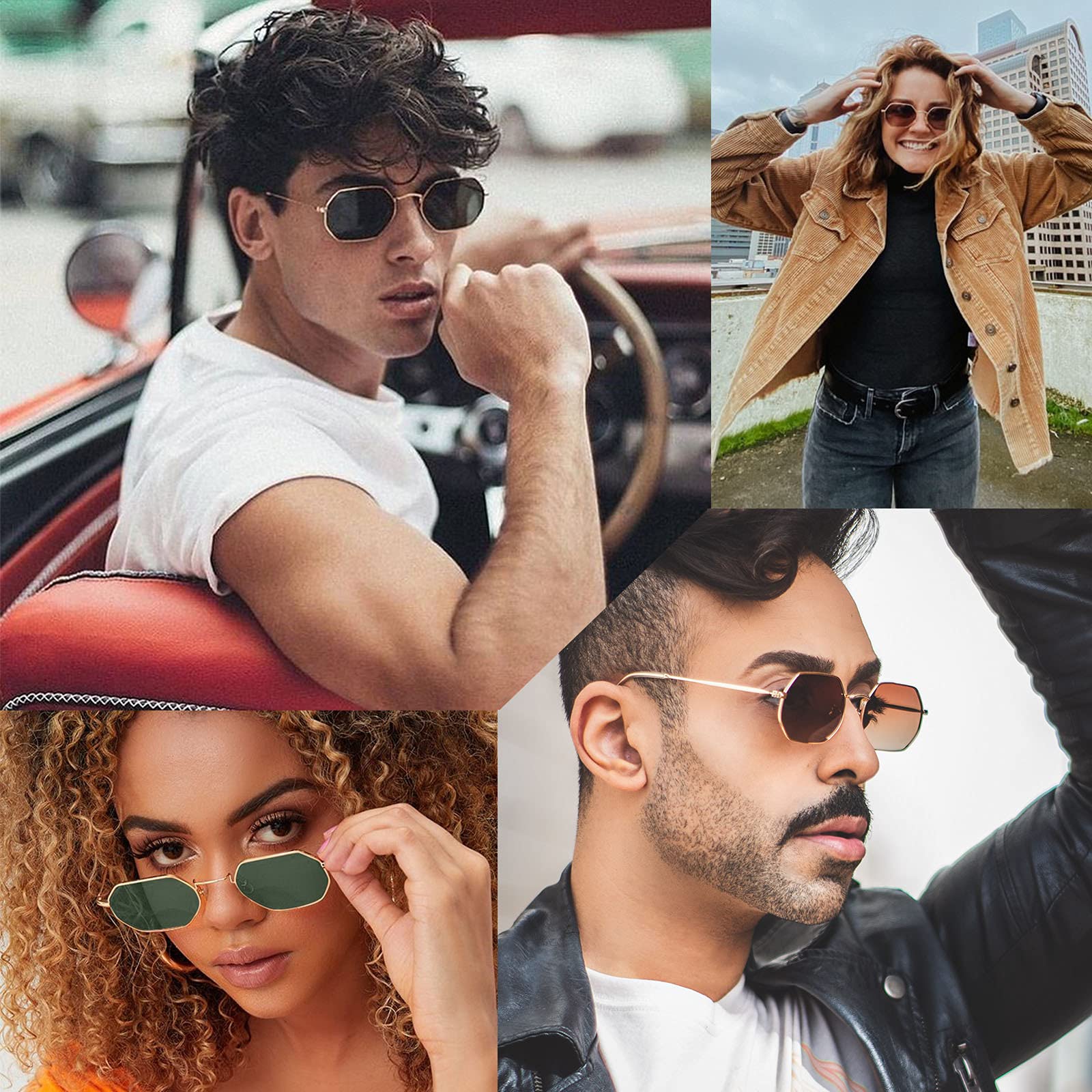 VANLINKER Polarized Hexagon Gold Metal Sunglasses for Women Men Polygon Sunnies Green Lens
