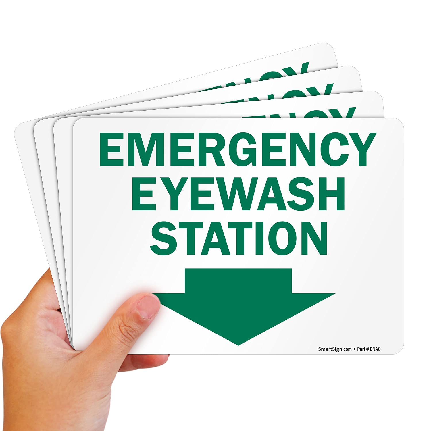 SmartSign (Pack of 4) 5 x7 inch âEmergency Eyewash Stationâ Sticker Labels with Down Arrow, 5 mil Laminated Polyester with SuperStick Adhesive, Green and White